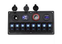 China 8 Gang Marine Rocker Switch Panel 12V 20A with Dual USB Charger and Cigarette Lighter for sale