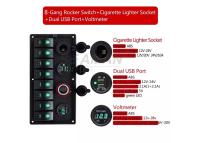 China 8 Gang Marine Rocker Switch Panel 12V 20A with Dual USB Charger and Cigarette Lighter for sale