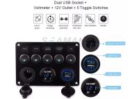 China 5 Gang Rocker Switch Panel 12V 20A Marine Boat Toggle Switch Board with USB Voltmeter for sale