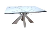 China Square Extension HPL Dining Table Tempered Glass Topped Laser Cutted Legs for sale