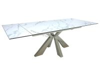 China Square Extension HPL Dining Table Tempered Glass Topped Laser Cutted Legs for sale