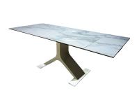 China Rectangle Extension Dining Table White Textured Top Stainless Base for sale