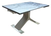 China Rectangle Extension Dining Table White Textured Top Stainless Base for sale