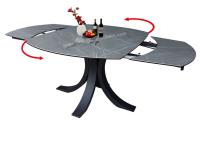 China Horsebelly Extension Dining Room Table Tempered Glass With Grey Textured Top for sale