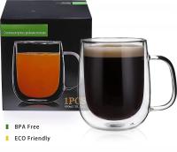 China CnGlass 12oz. lead free high borosilicate hand blown thermal double wall clear insulated glass mug with bamboo lid for sale