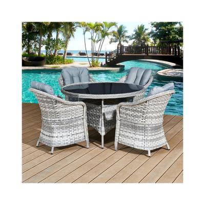 China Outdoor Furniture Set with Round Dining Table AJUNION 4 Seat Weatherproof Weave Rattan for sale