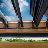 China Modern Aluminum Terrace Canopy Roof Louvered Arbours Rot Proof Wooden Coated Pergola for sale