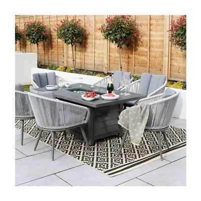 China Metal AJUNION 6 Seater Outdoor Furniture with Fire Pit Table and Rope Weave Armchair for sale