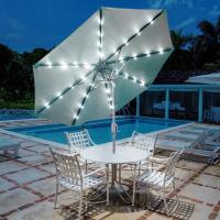 China Outdoor Cafe Patio Beach Parasol with Solar LED Lights and Aluminium Centre Pole for sale