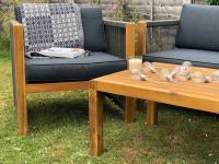 China Outdoor Furniture Set with Wooden Lounge Chairs and PE Rattan Weave W71 x D66 x H64cm for sale