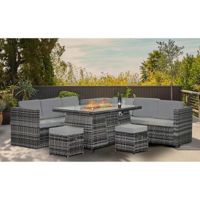 China Leisure Outdoor Steel Tube Frame AJUNION Wicker Rattan Garden Set with Fire Pit Table for sale