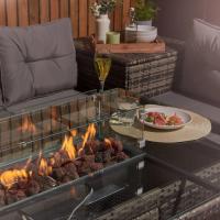 China Leisure Outdoor Steel Tube Frame AJUNION Wicker Rattan Garden Set with Fire Pit Table for sale