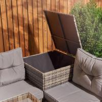 China Leisure Outdoor Steel Tube Frame AJUNION Wicker Rattan Garden Set with Fire Pit Table for sale