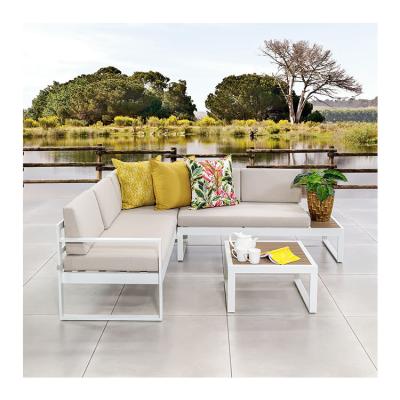 China AJUNION L Shaped Outdoor Furniture Set Aluminum Lounge Set with Plastic Teak Finish for sale