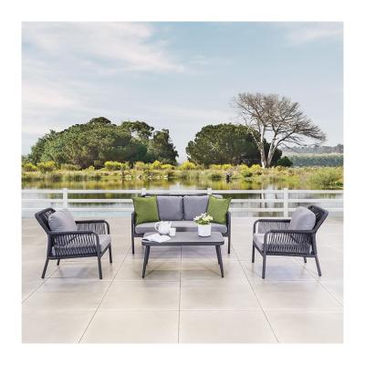 China Aluminum Frame AJUNION Rope Weave Garden Furniture Lounge Sofa Set with HPL Tabletop for sale