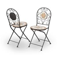 China AJUNION 3 Piece Iron Mosaic Tile Patio Bistro Set with Ceramic Table and Folding Chairs for sale