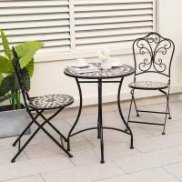 China Outdoor Furniture AJUNION 2 Seating Chair and Table Set Metal Iron Foldable Chair Antique Mosaic Tile Table Bistro Set for sale