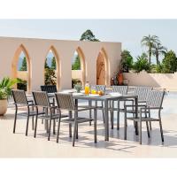 China Aluminum Outdoor 8 Seat Dining Set Teak Wood Slatted Tabletop Dining Table Garden Set for sale