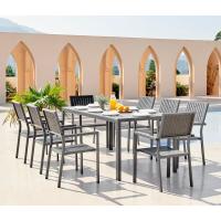 China Aluminum Outdoor 8 Seat Dining Set Teak Wood Slatted Tabletop Dining Table Garden Set for sale