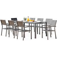 China Aluminum Outdoor 8 Seat Dining Set Teak Wood Slatted Tabletop Dining Table Garden Set for sale