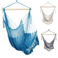 China Outdoor Garden Portable Hanging Cotton Rope Hammock Chair with Tassel Wood Stand for sale