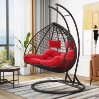 China Contemporary Indoor Outdoor Balcony Garden Portable Double People Hanging Rattan Wicker Egg Swing Chair with Cushion for sale