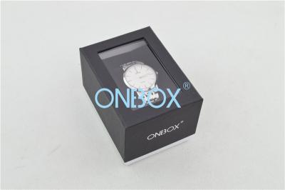 China Rigid Cardboard Single Watch Box 83x114x75mm with PVC Window and Hot Stamping Logo for sale