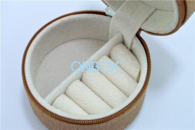 China Brown Faux Leather Tube Jewelry Box Zippered 82x60mm Travel Case for sale
