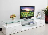 China Triangle Custom TV Cabinet 6mm Tempered Glass TV Stand With 2 Glass Shelves for sale
