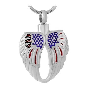 China USA National Flag Angel Wing Cremation Urn Pendant Jewelry Stainless Steel Material for sale