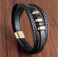 China European Market Bestseller Weave Leather Bracelet with Silver Plated Stainless Steel for sale