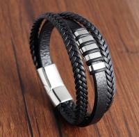 China European Market Bestseller Weave Leather Bracelet with Silver Plated Stainless Steel for sale