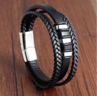 China European Market Bestseller Weave Leather Bracelet with Silver Plated Stainless Steel for sale