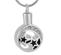 China OEM Plating Double Stars In Round Pendant Crystal Necklace Stainless Steel Keepsake Ashes Urn Funeral Cremation Jewelry for sale