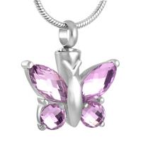 China Crystal Butterfly Pendant Necklace Cremation Urn in Purple/Blue/Red/Green/Pink for Memorial Jewelry Keepsake for sale