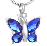China Crystal Butterfly Pendant Necklace Cremation Urn in Purple/Blue/Red/Green/Pink for Memorial Jewelry Keepsake for sale
