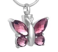 China Crystal Butterfly Pendant Necklace Cremation Urn in Purple/Blue/Red/Green/Pink for Memorial Jewelry Keepsake for sale