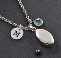 China Leaf-shaped Cremation Jewelry Necklace with Chrysanthemum Engraving and Birthstone OEM/ODM for sale