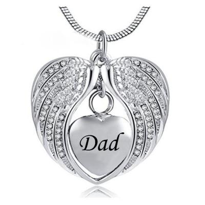 China Crystal Charm Angel Wing Cremation Urn Necklace Engraved Mom/Dad/Son Memorial Jewelry for sale
