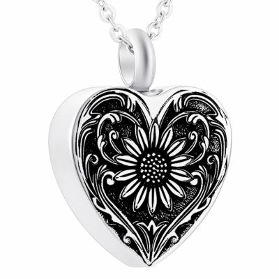 China Funeral Sunflower Urn Necklace for Ashes Stainless Steel Heart Shaped Cremation Jewelry for sale