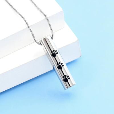 China Stainless Steel Paw Print Cylinder Cremation Urn Necklace for Ashes Keepsake Pendant for Women Men for sale