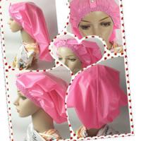 China Pink Black Silk Waterproof Shower Caps Curly Girl Shower Cap With Button for sale