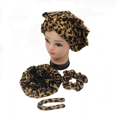 China Leopard Print Kids Sleeping Cap 10 -14 Inches Silk Sleep Cap For Long Hair for sale