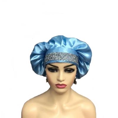 China Bling Bands Sleeping Hair Bonnets 100% Polyester Silk Lined Sleep Cap for sale