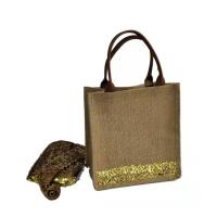 China Hot Stamping Printed Jute Shopping Bags PU Handles Linen Tote Bags for sale