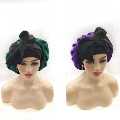 China Sleeping Bonnet Headwrap Turban Head Cover For Women Silky Satin Bonnets with long black spendex tie bandNight Sleep Hat for sale