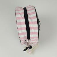 China Pink Stripe PU Round Cosmetic Bag 20*20*10cm Polyester Lining for sale