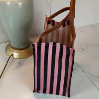 China Striped Grocery Handheld Shopping Bag Burlap Tote Bags With PU Handles for sale
