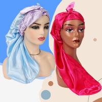 China Frizz Free Long Tail Satin Lined Hair Bonnet With Adjustable Bow for sale
