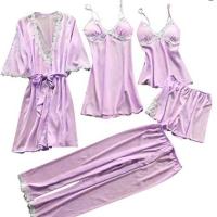 China European and American sexy five-piece pajamas female summer sleeves bride morning robe plus size home service nightgown for sale